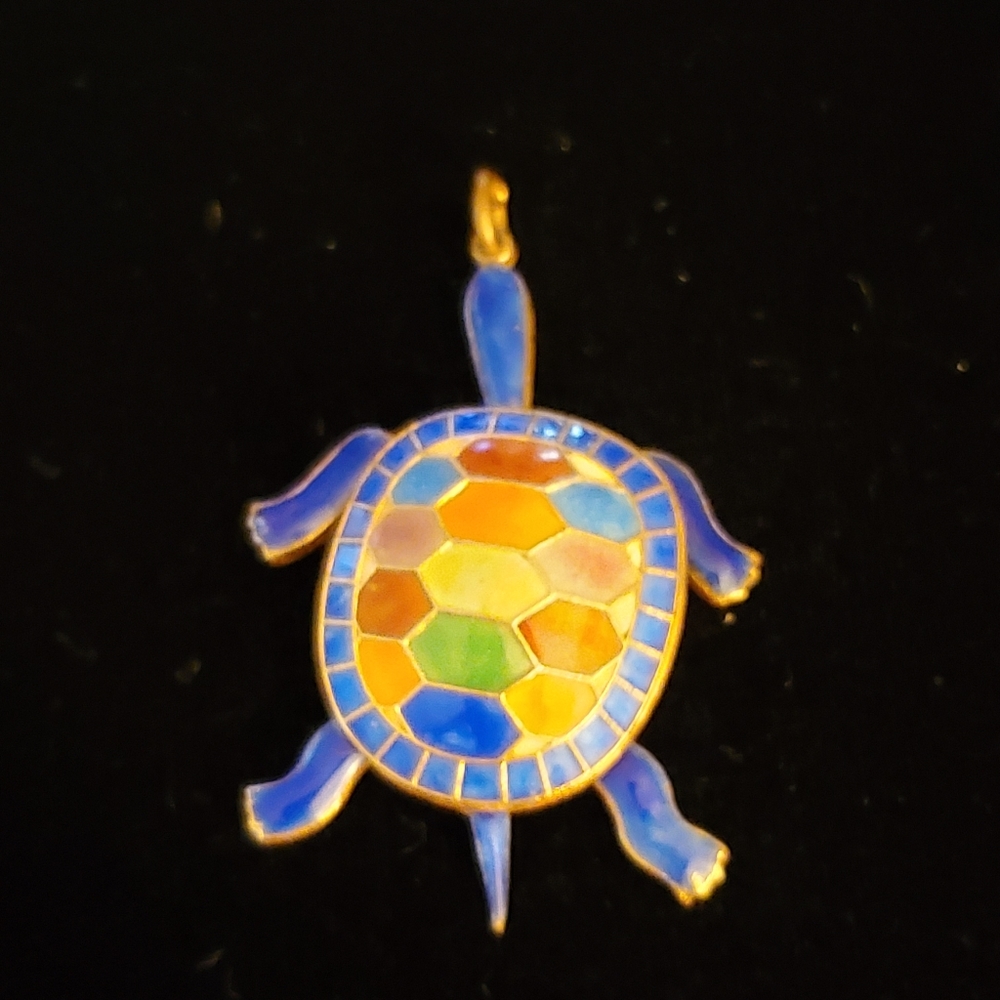 Cute Brass Articulated Enamel Turtle Pendant - Gem